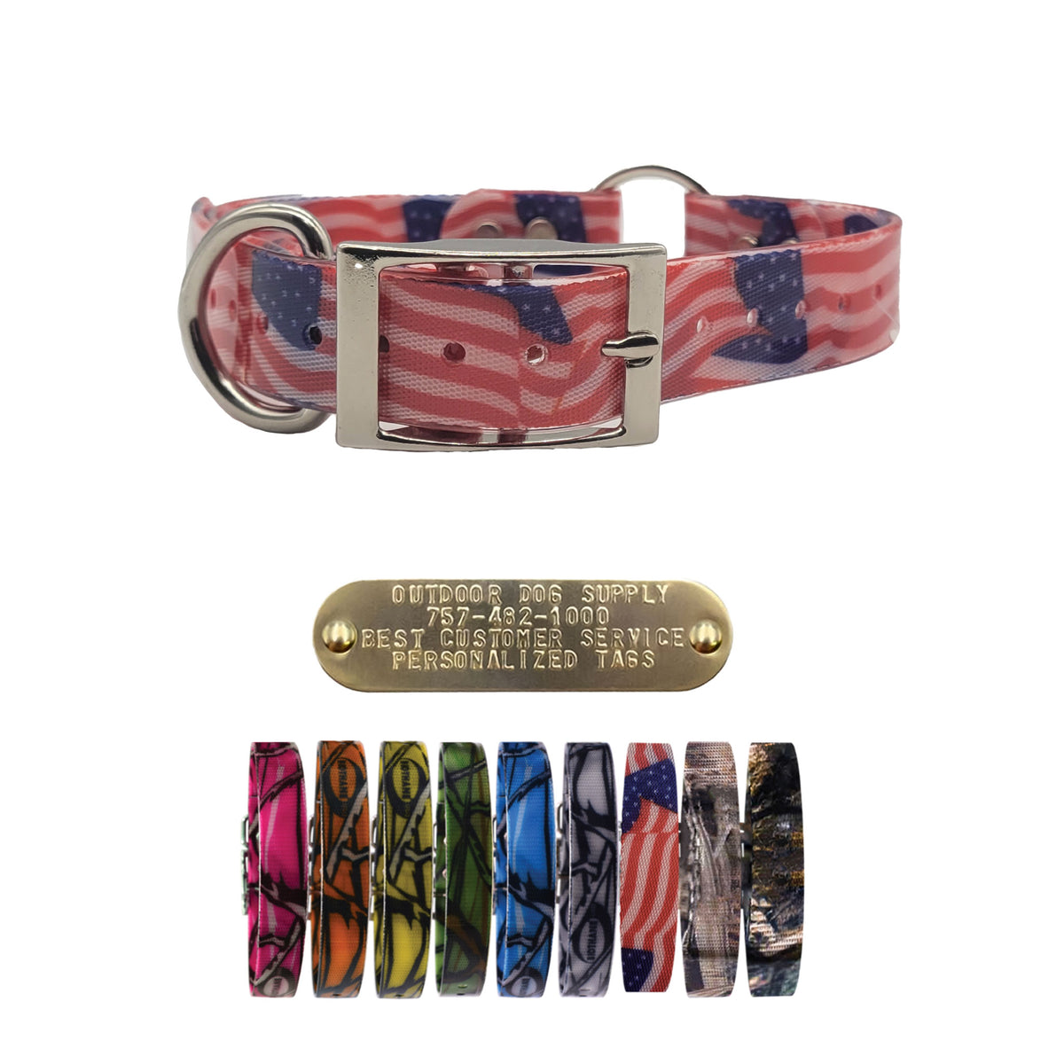1" Pattern Premium Glow Tuff Center Ring Dog Collar with Brass Name Pl ...