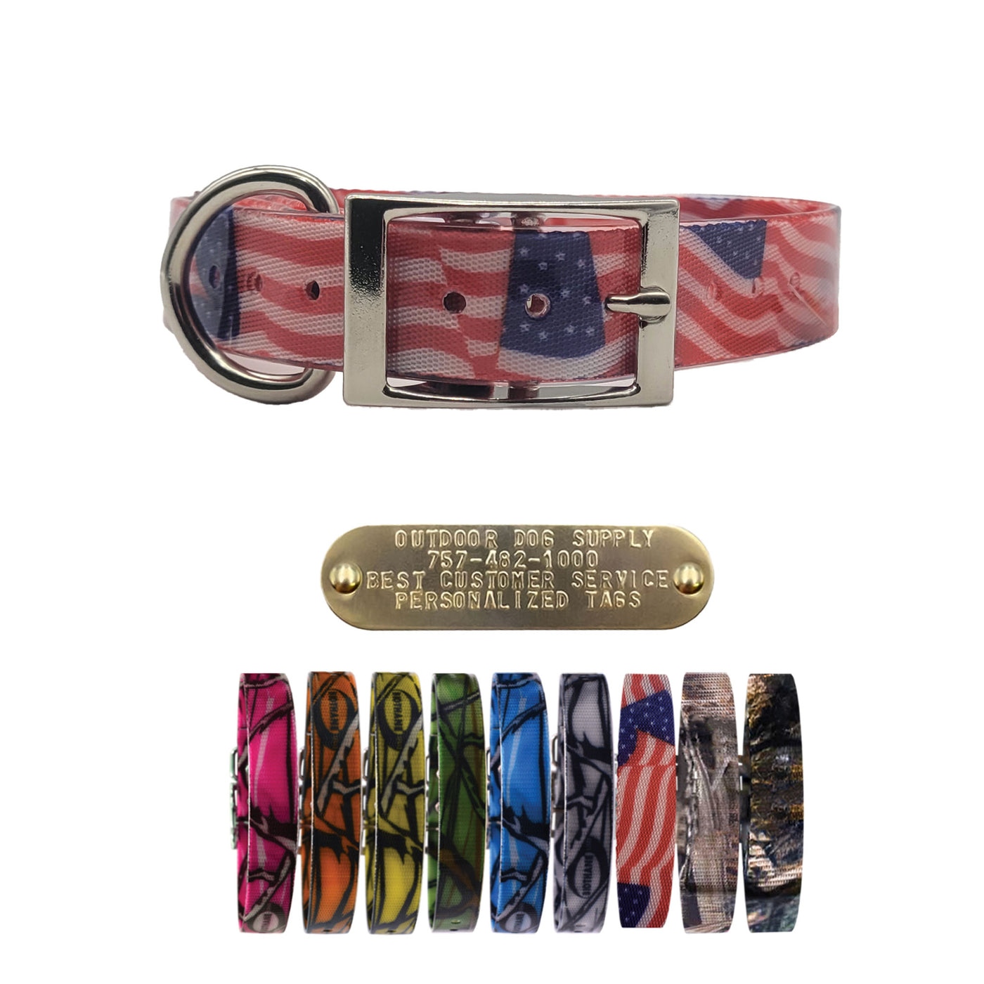 1" Pattern Premium Glow Tuff D Ring Dog Collar with Brass Name Plate ...