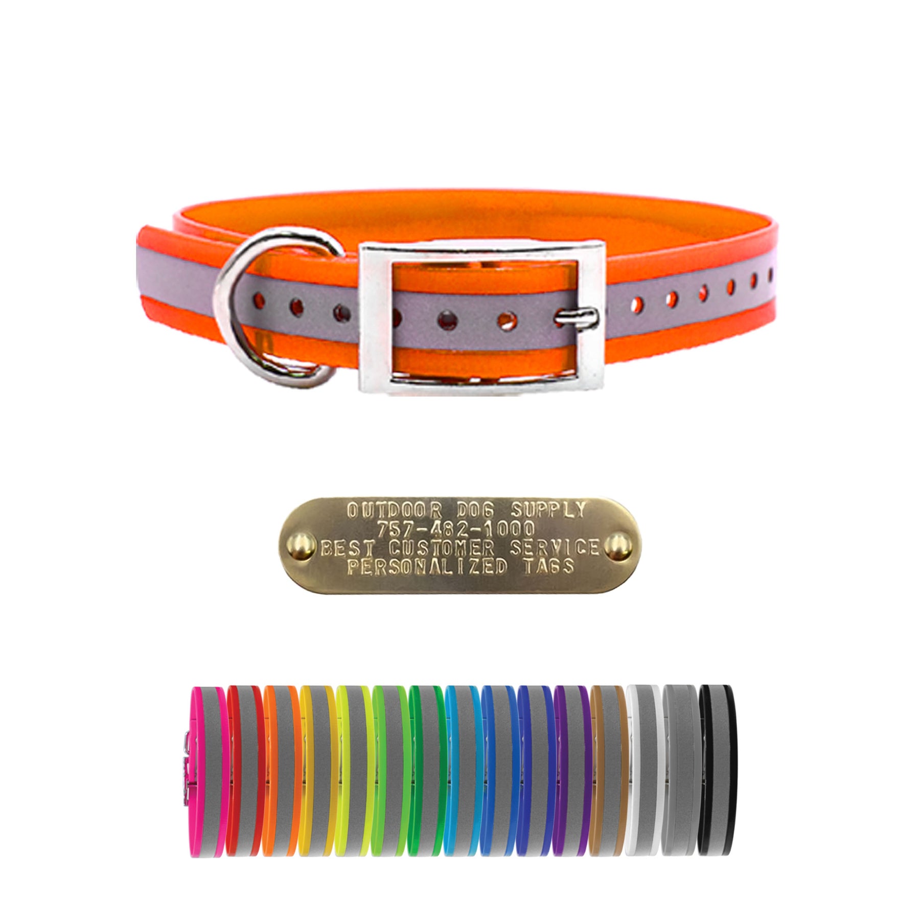 Extra Long 1" Reflective Premium Glow Tuff D Ring Dog Collar with Bras ...